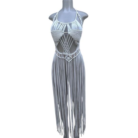 Handmade | Swim | Handmade Macrame Dress Womens Os White Halter Fringe ...